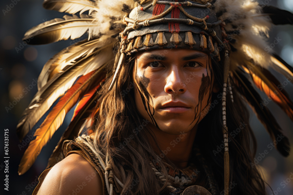 A young indigenous warrior, adorned with tribal markings and feathers ...
