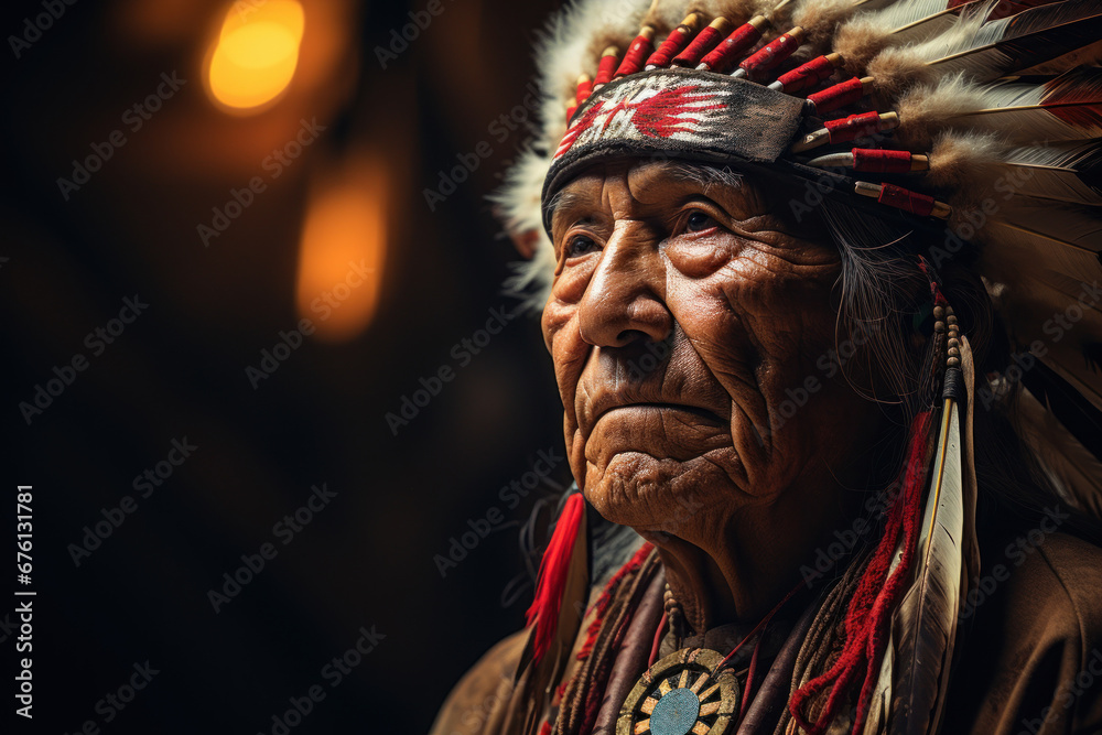 A solemn and dignified Native American elder imparts wisdom during a ...
