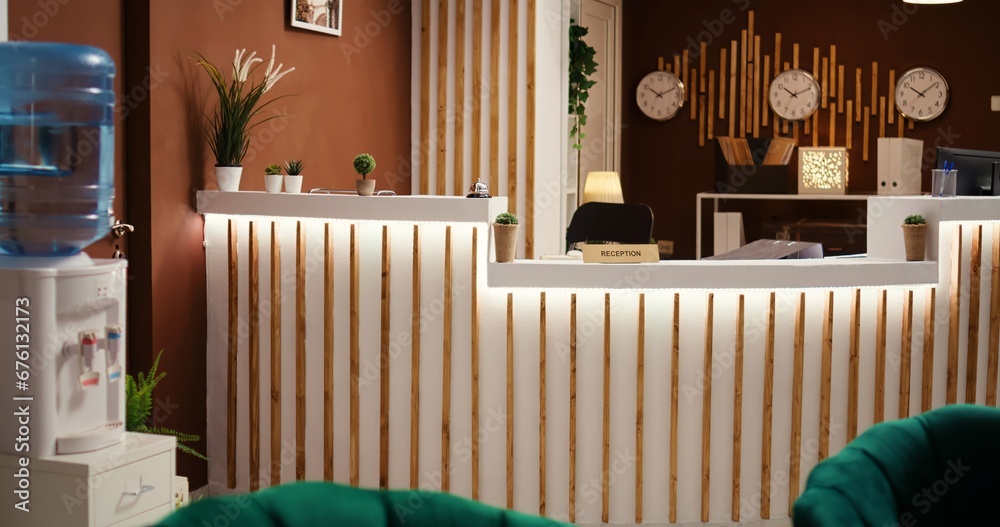 Reveal rack focus shot of empty stylish luxurious hotel check in ...