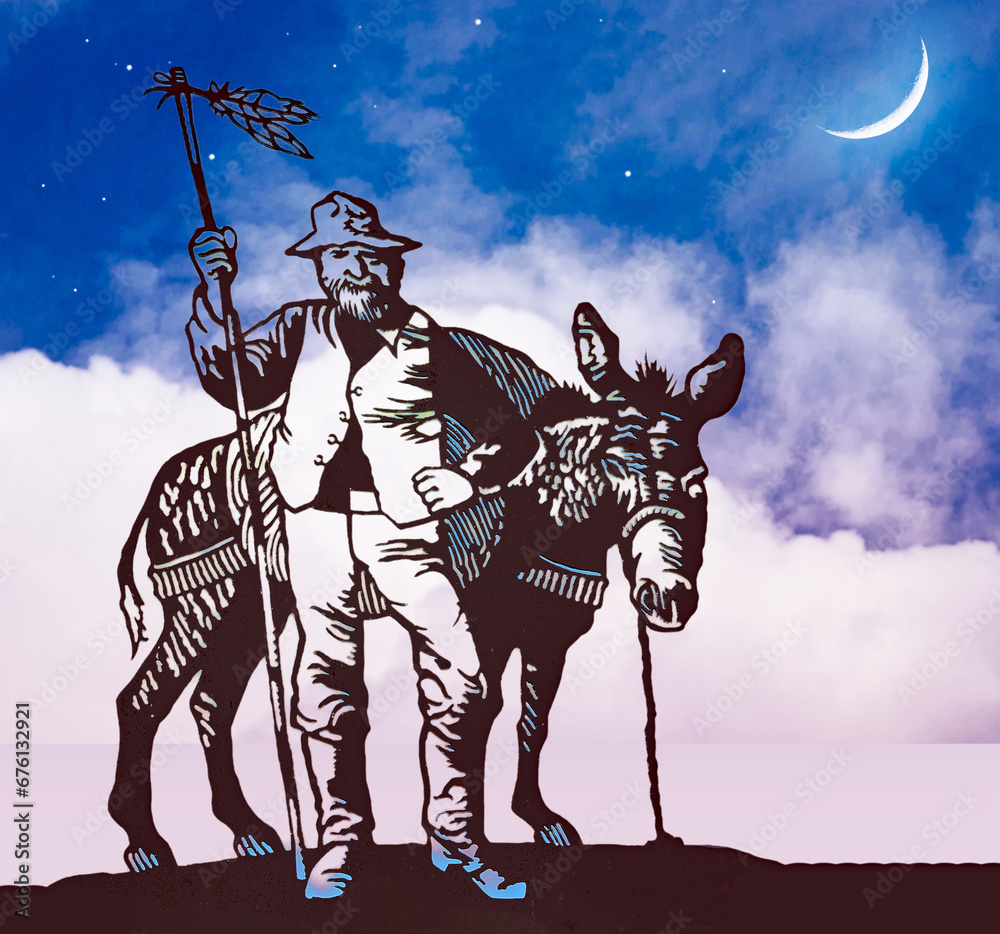 An illustration of an old west prospector and his mule against the ...