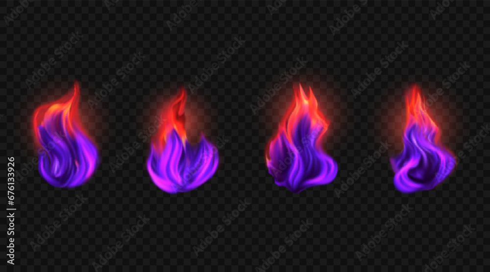 Set of burning purple flame. Vector illustration. Realistic orange and ...