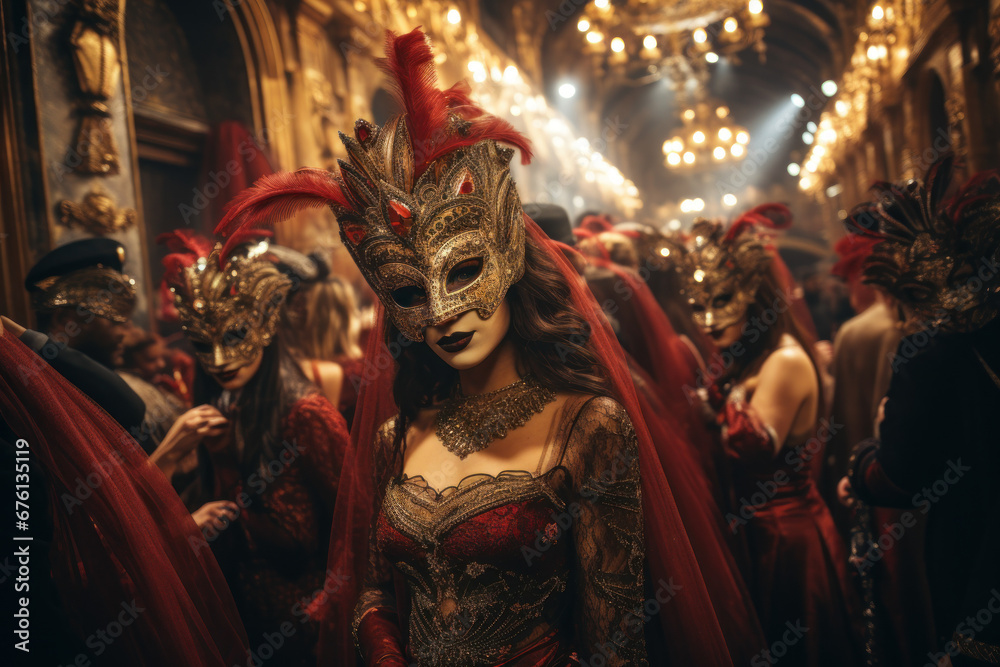 A masquerade ball at a Venetian palace, where guests don elegant ...