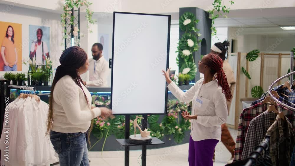 BIPOC shopkeeper in clothing store using augmented reality mockup ...