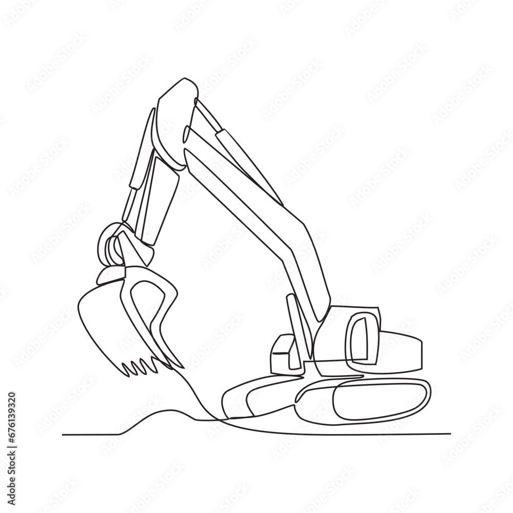 One continuous line drawing of excavator in the site project ...