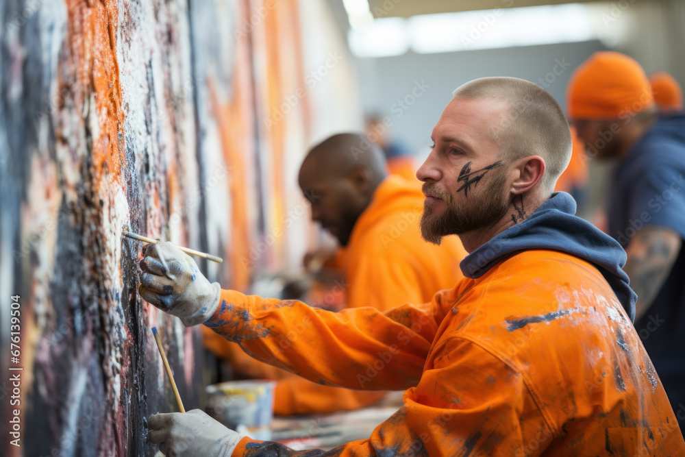 Inmates collaborating on a mural that covers the prison courtyard walls ...