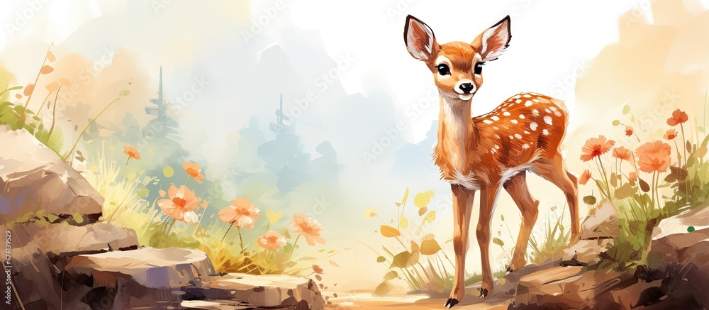 In this adorable watercolor illustration a cute fawn stands gracefully ...