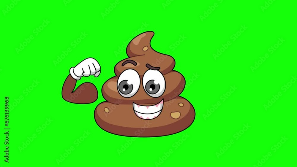 Flexing muscle of poop cartoon, strong pose mascot animation on a green ...