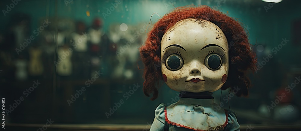 In the vintage toy shop a cute and adorable doll with a spooky and ...