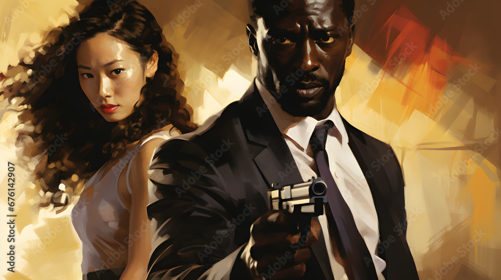 An artwork depicting an African American man holding a gun alongside a ...