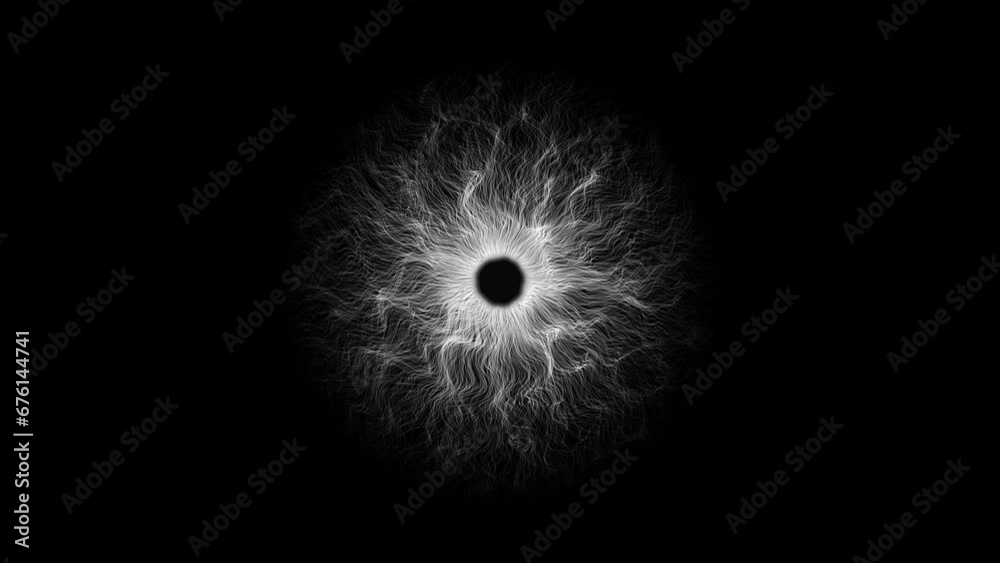Eye iris from flowing wavy particles and trails, rays. Seamless loop ...