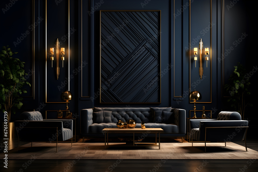 Luxury interior of the dark room in a black wall with dark furniture ...