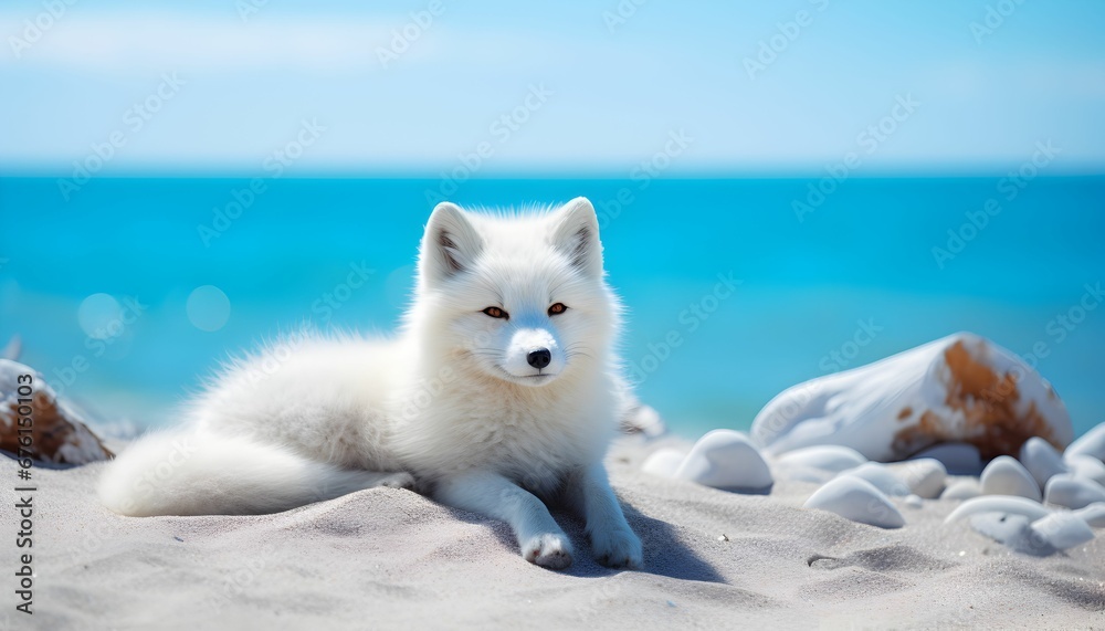 Cute white fox lying resting relaxing on light beige beach sand by ...