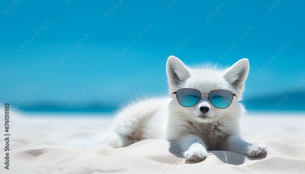 Happy cute white artic fox with sunglasses lying resting relaxing on ...