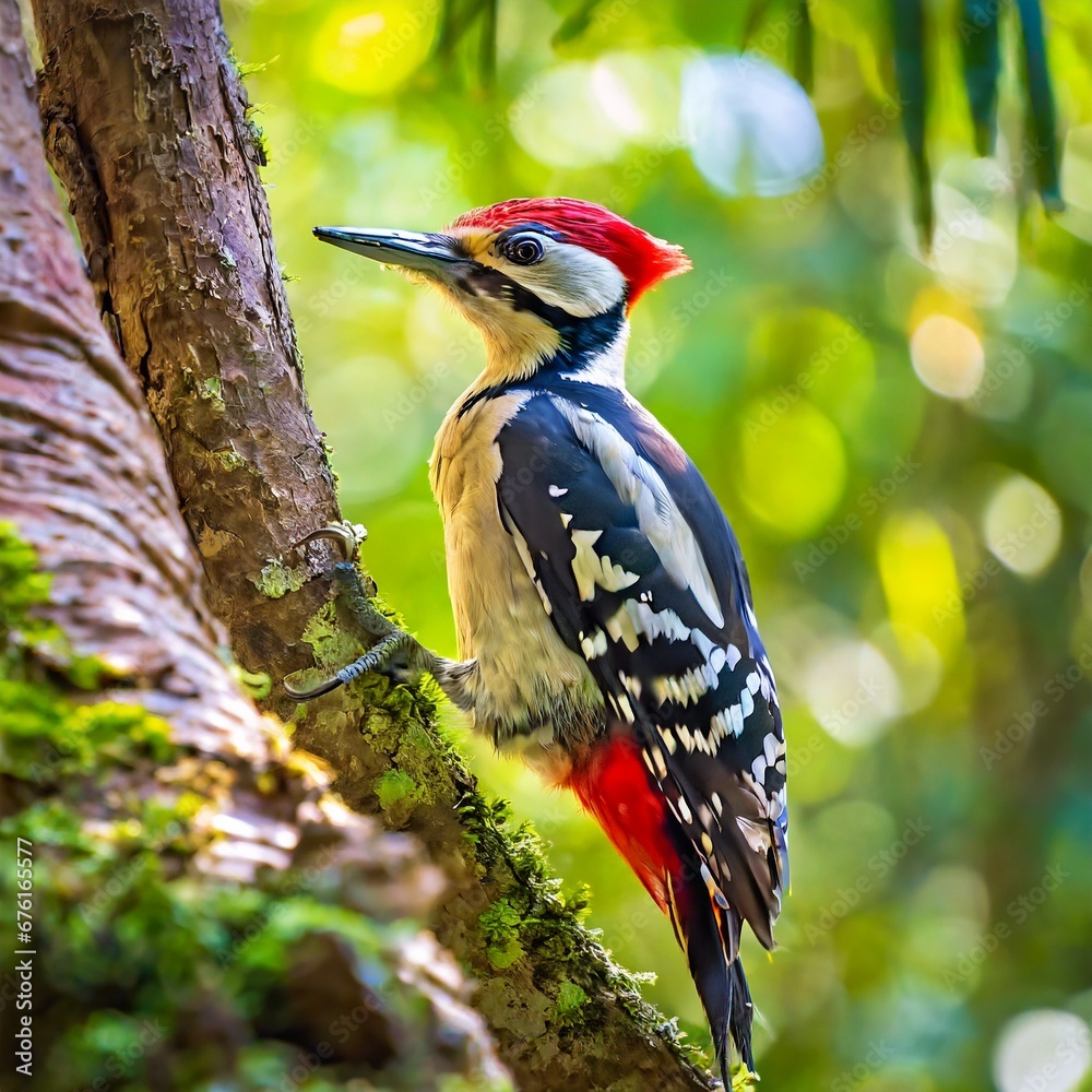 Pájaro carpintero posado en árbol con muzgo, trabajando en sacar larvas ...