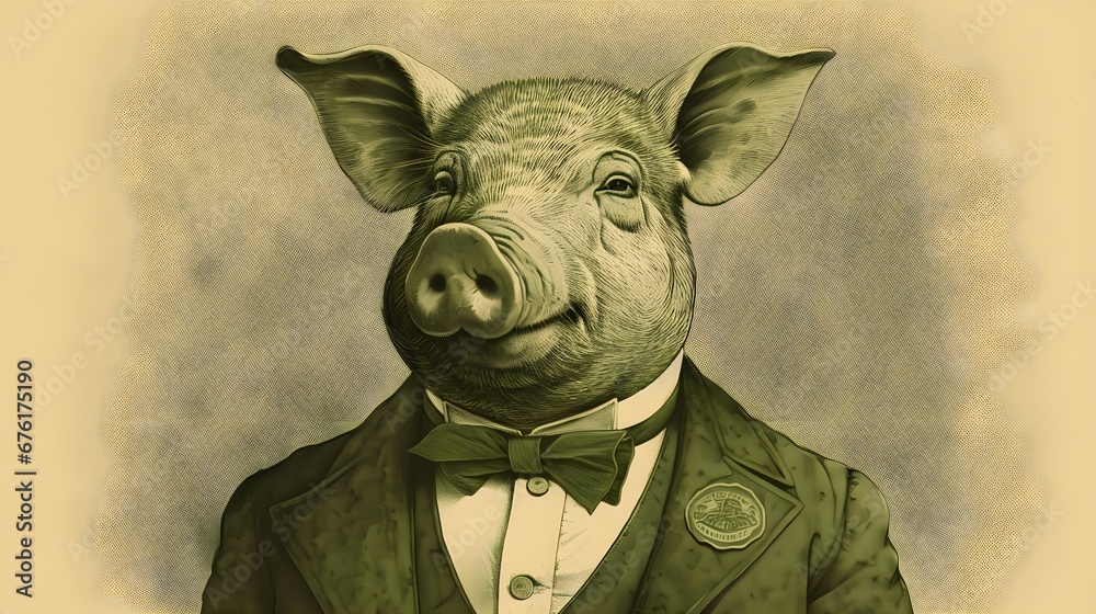 Greedy Green Pig Victorian Era Style Vintage Engraving. Generated with ...
