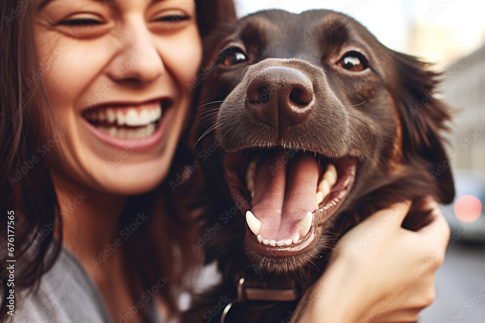 Portraits of a happy big dog with its owner are smiling and embracing ...
