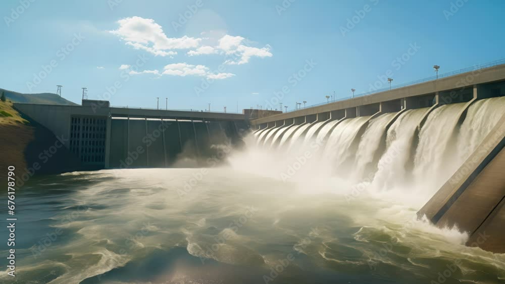 A detailed shot of a hydropower dam, with water cascading over the dams ...