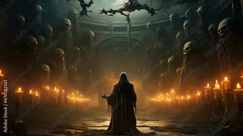 Glowing arcane symbols line the walls of a dark chamber and the air is ...