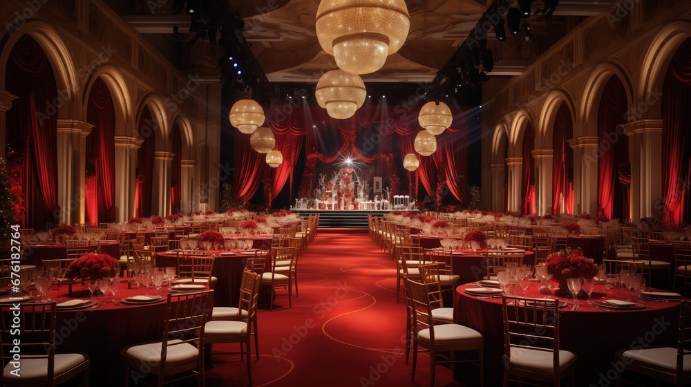 an opulent ballroom decorated for a festive event, with red drapery and ...