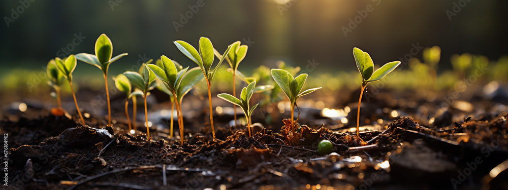 the seedling are growing from the rich soil to the morning sunlight ...