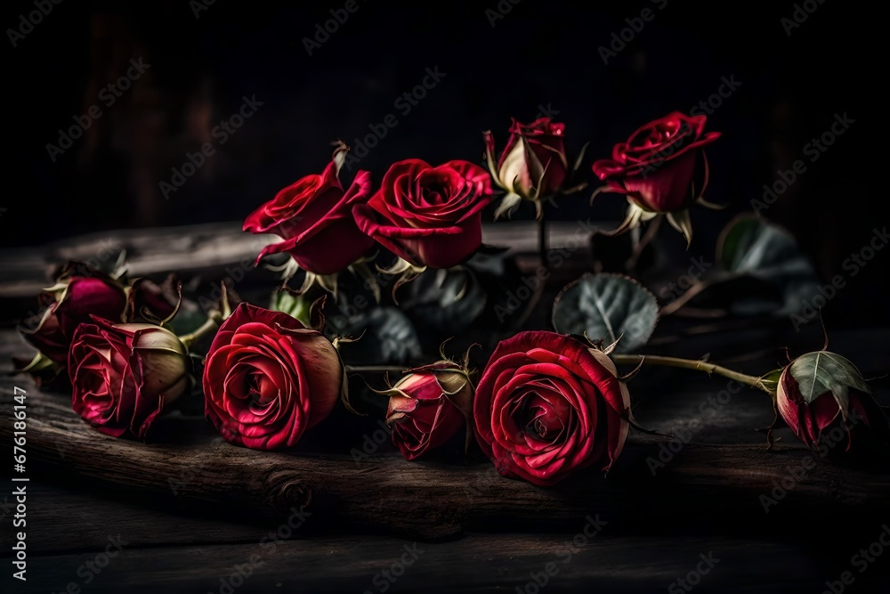 Wilted roses on an abstract dark background made of ancient wood, a ...