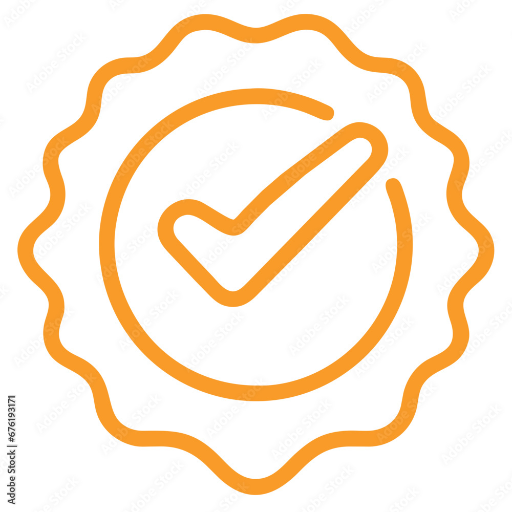An orange check mark inside a wavy circular seal, symbolizing approval ...