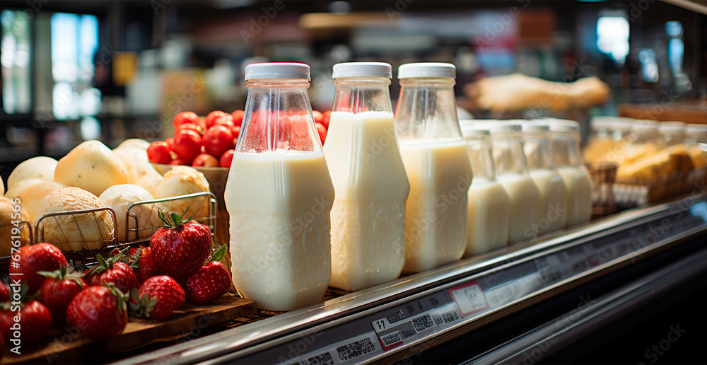 Milk, kefir, dairy products in a store, refrigerated display case in a ...