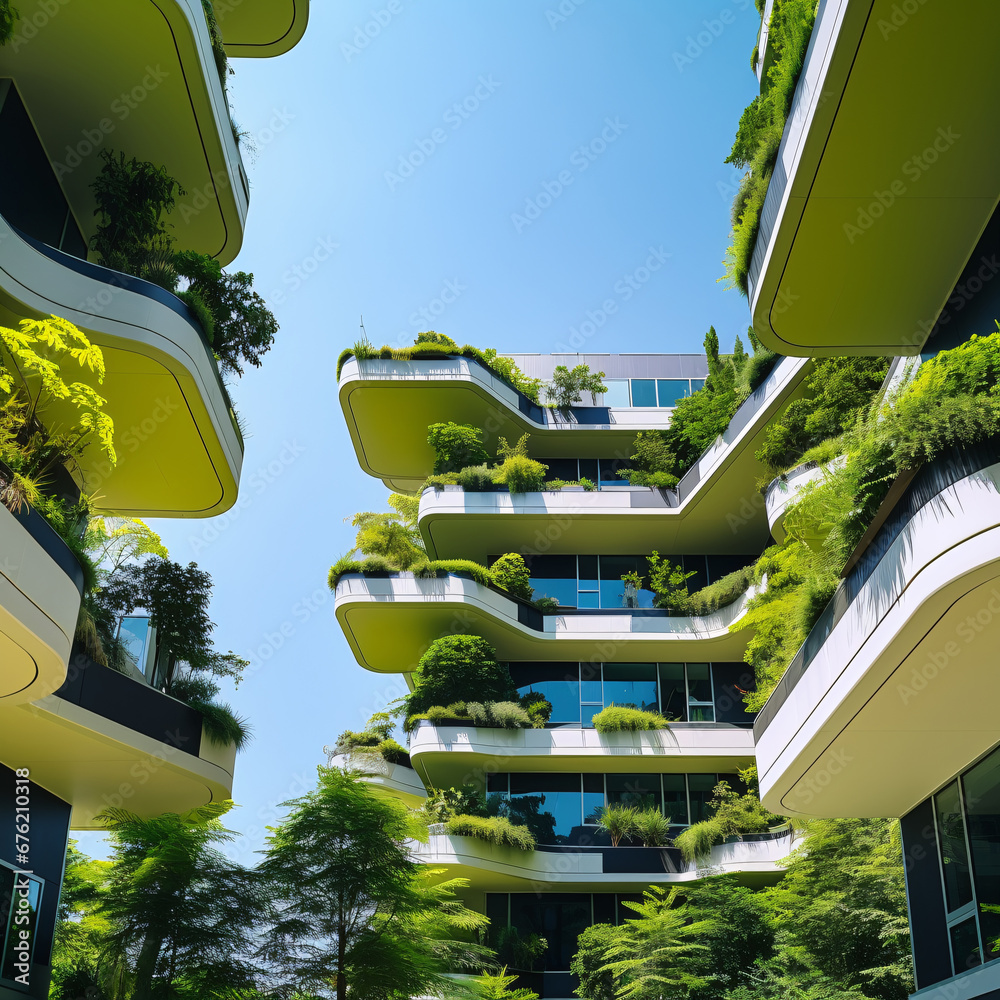 Green architecture. Sustainable glass office building with solar panels ...