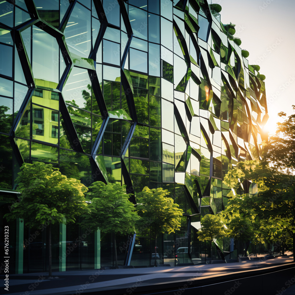 Eco-friendly building in the modern city. Sustainable glass office ...