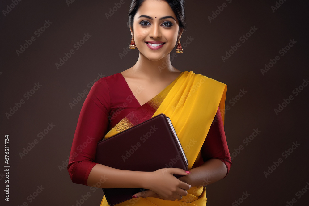 Young indian woman in traditional saree, holding file in hand Stock ...