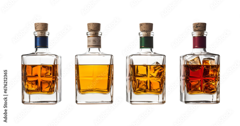 Five bottles of whiskey isolated on transparent background - Generative ...