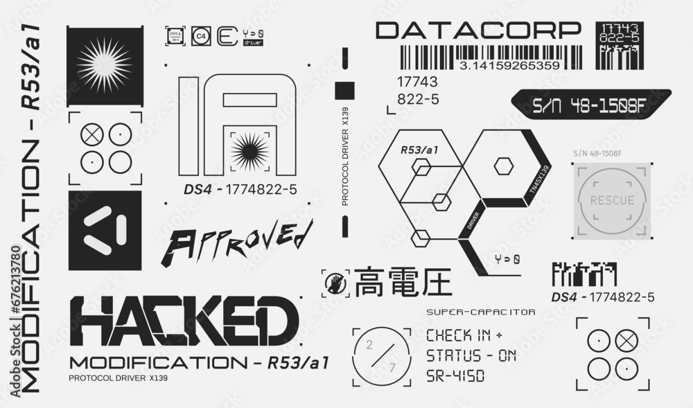 Cyberpunk decals set. Set of vector stickers and labels in futuristic ...
