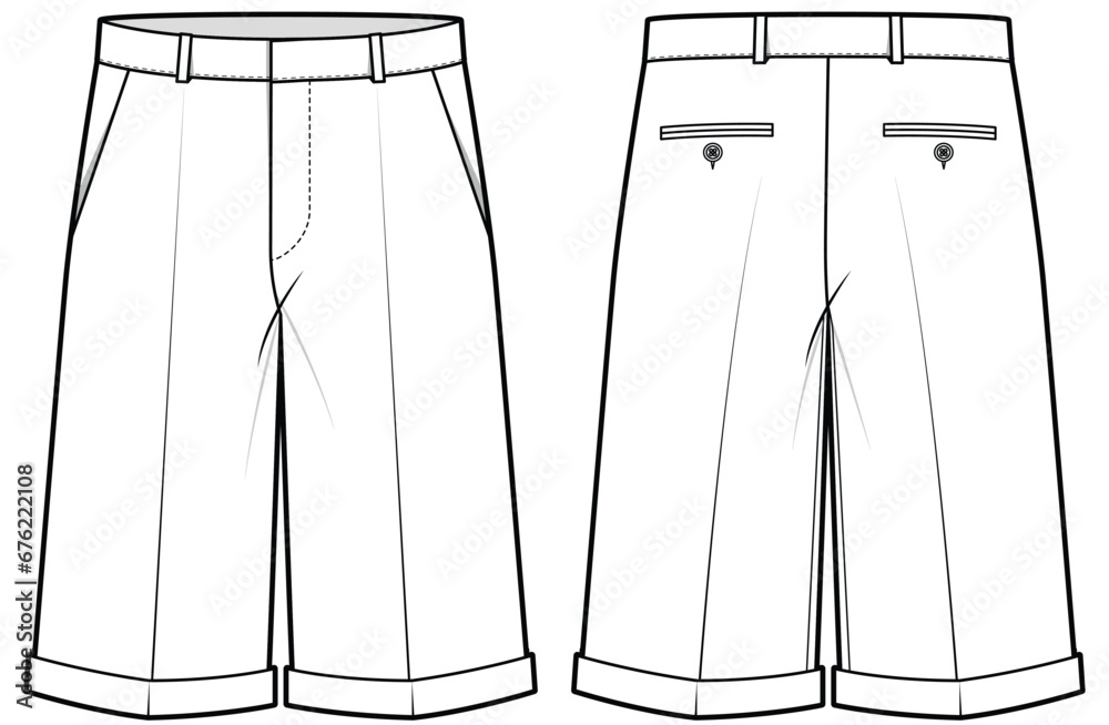 mens wide leg bermuda shorts flat sketch vector illustration front and ...