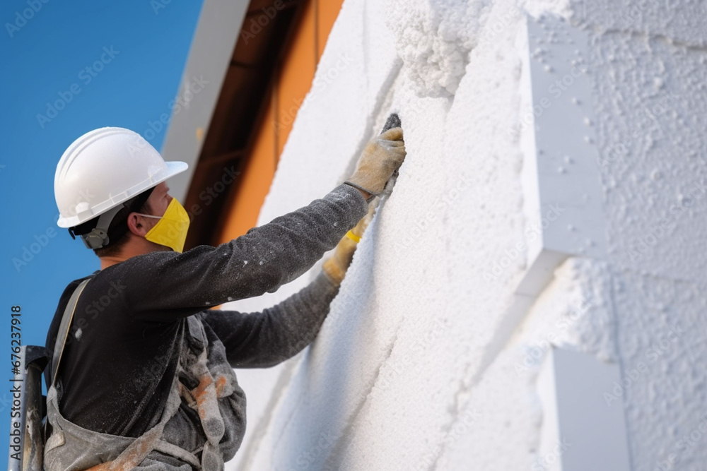 A construction worker insulates a building with styrofoam, Installation ...