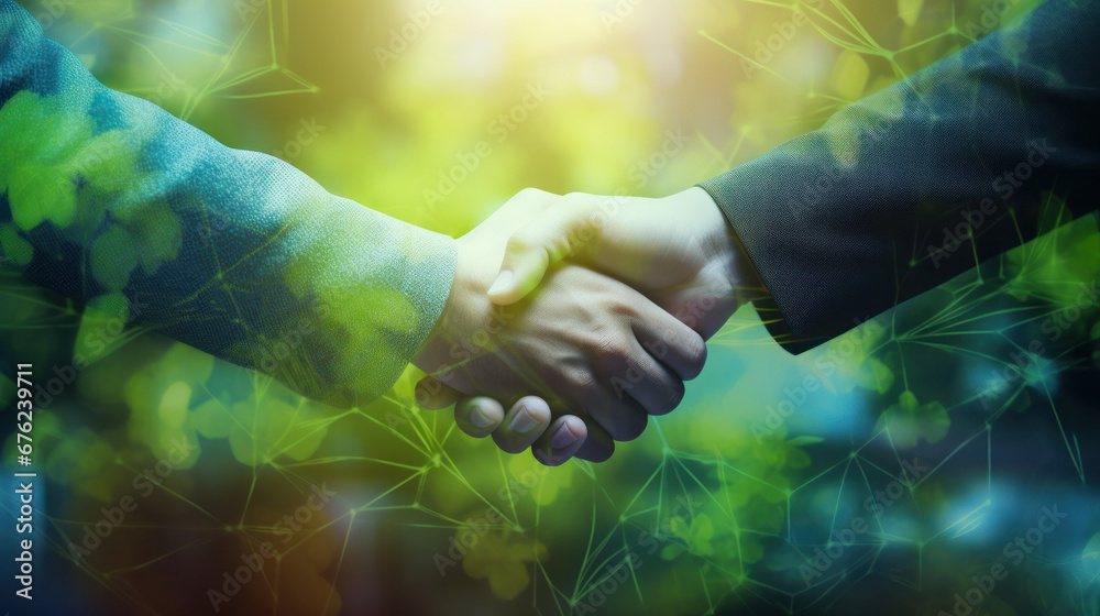 Sustainability in business, two partner are shaking hands in office ...