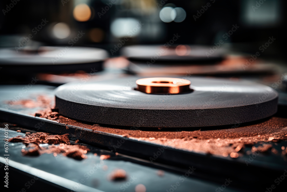 Professional industrial grinding and polishing wheels on a table of ...