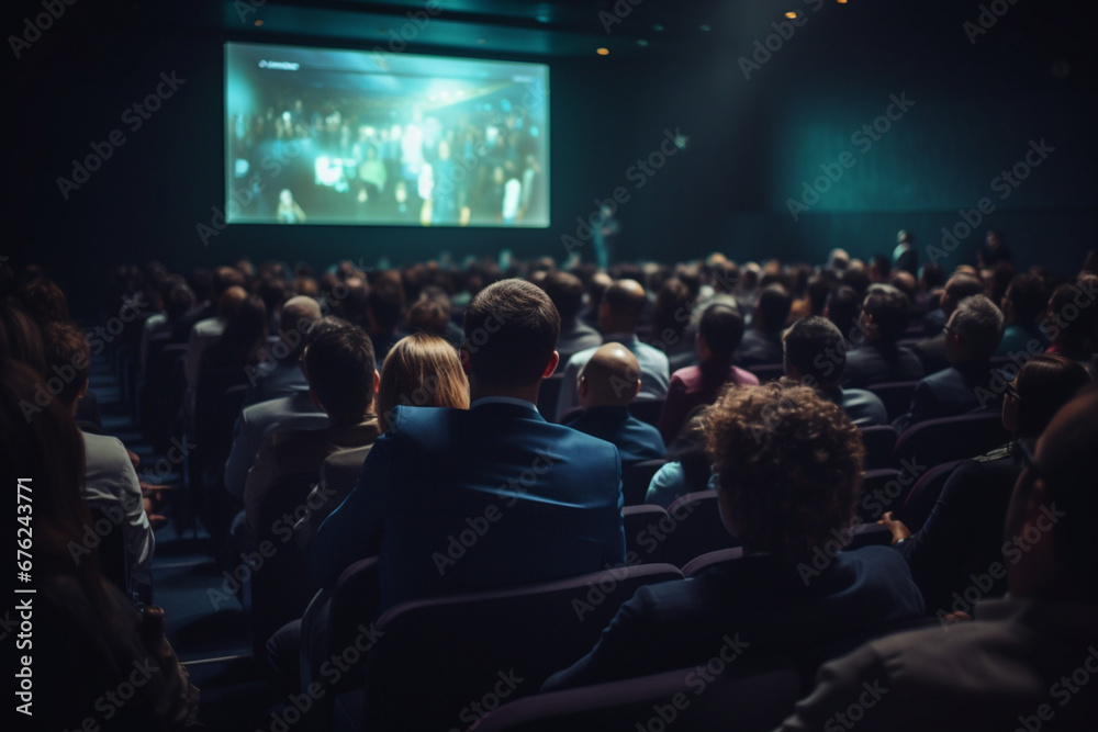 Crowd of Business People in Dark Conference Hall Watching an Innovative ...