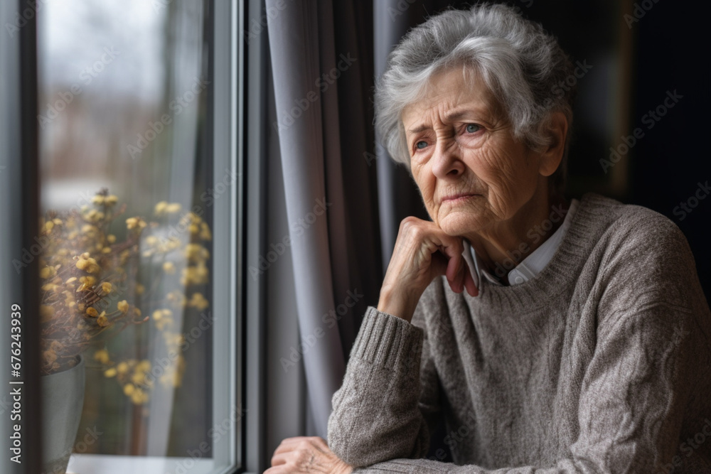 Depression, sad and senior woman by window looking, upset, lonely and ...