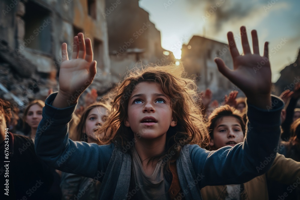 The crying faces of boys and girls raised their hands to pray to ...