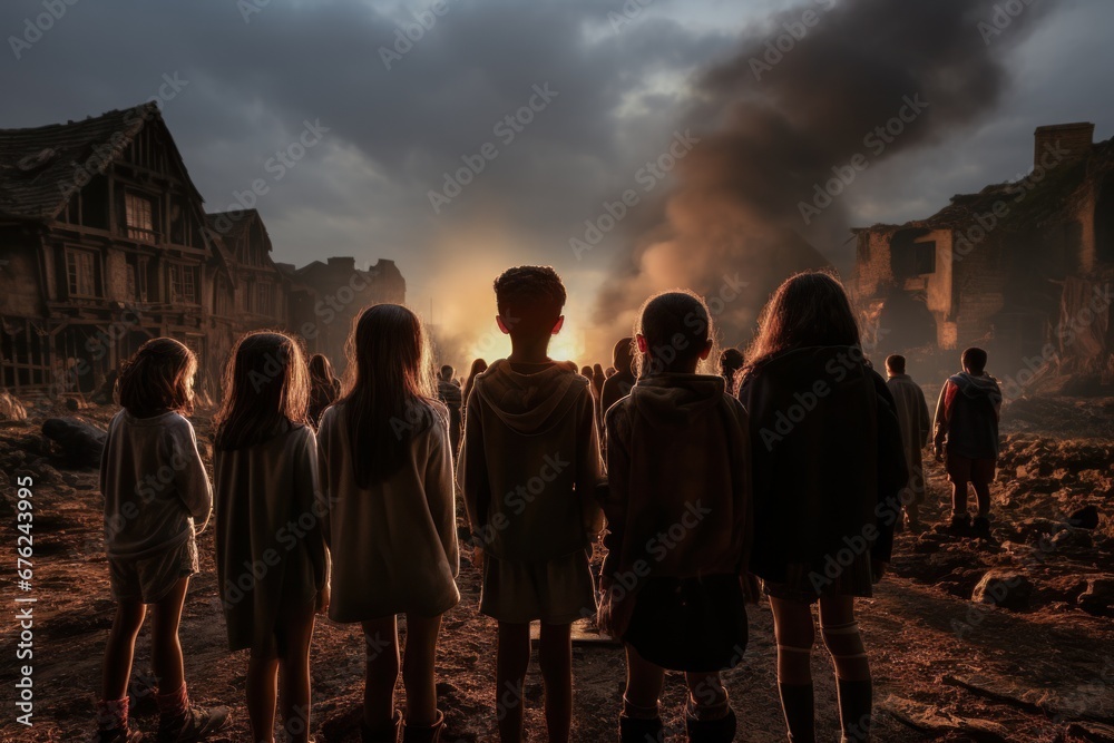 Children look at their ruined home from war. Children are the innocent ...