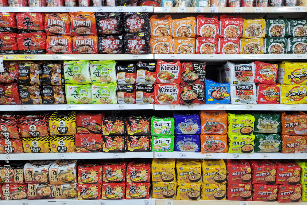 PENANG, MALAYSIA - 11 SEP 2023: A variety of Korean spicy instant ...