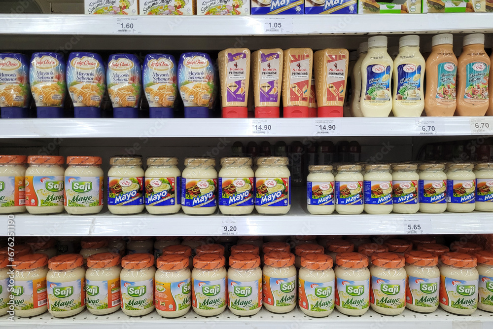 PENANG, MALAYSIA - 11 SEP 2023: Various brands of mayonnaise, salad ...
