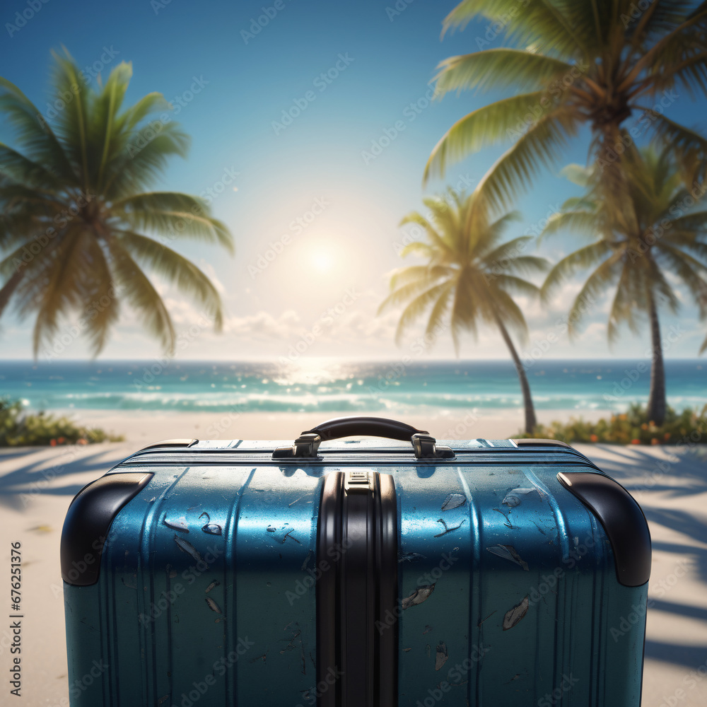 Colorful luggage waiting by the airport window, ready for a beach ...