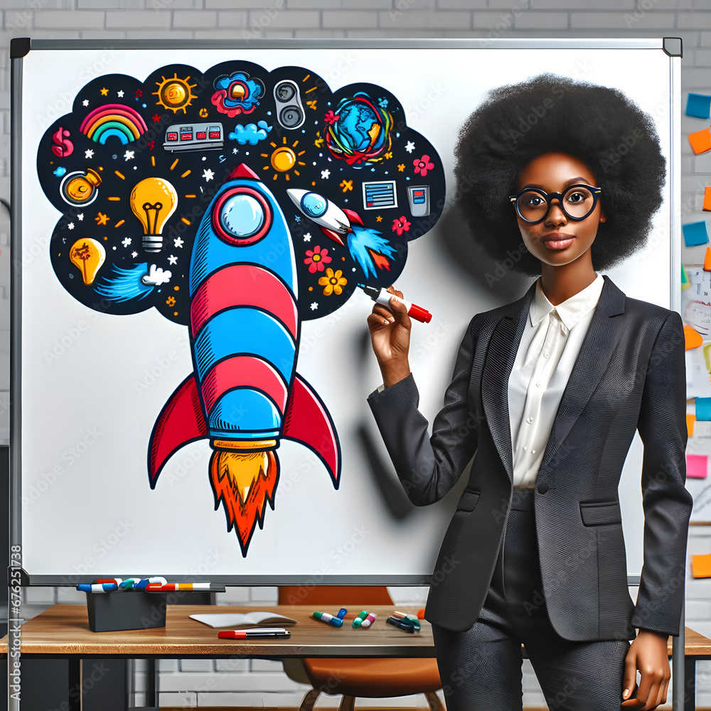 A quirky office setting with a Black female marketing strategist ...