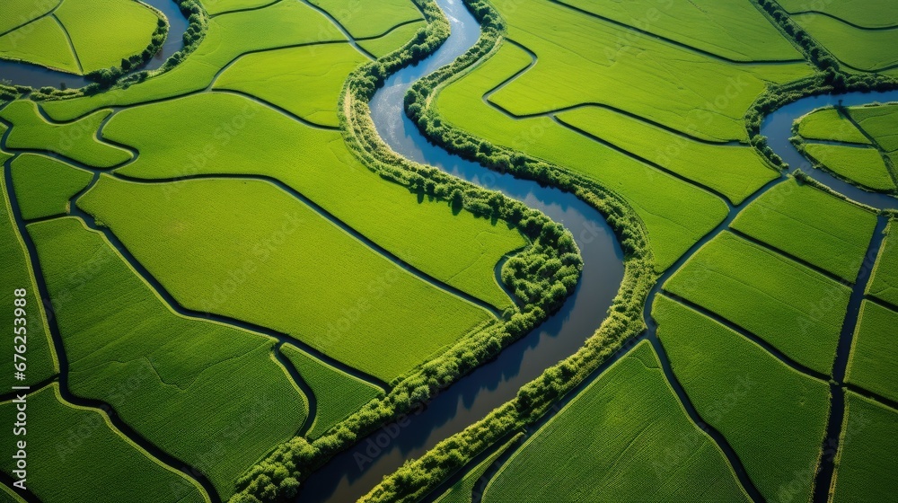 Aerial shot of curves and lines in a Dutch agricultural landscape. This ...