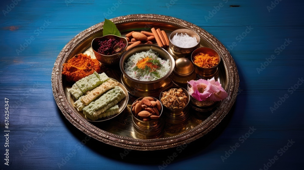Assorted Prasadam /Offering of Shree Dwarkadhish Temple in a copper plate against blue ...