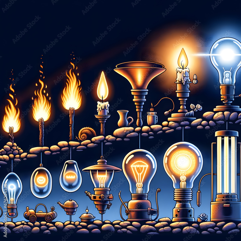 Create a clipart-style image showcasing the evolution of lighting ...