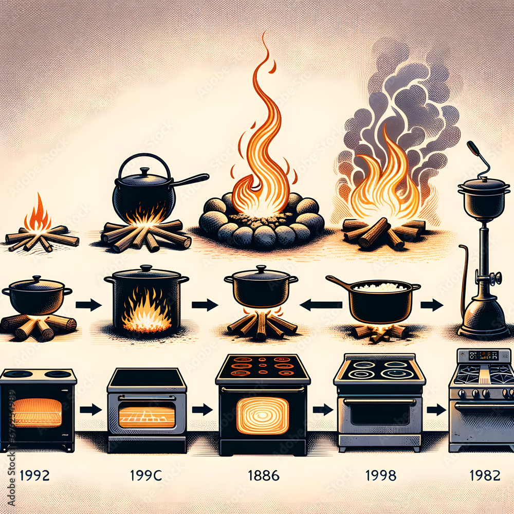 Generate a clipart-style image illustrating the evolution of cooking ...