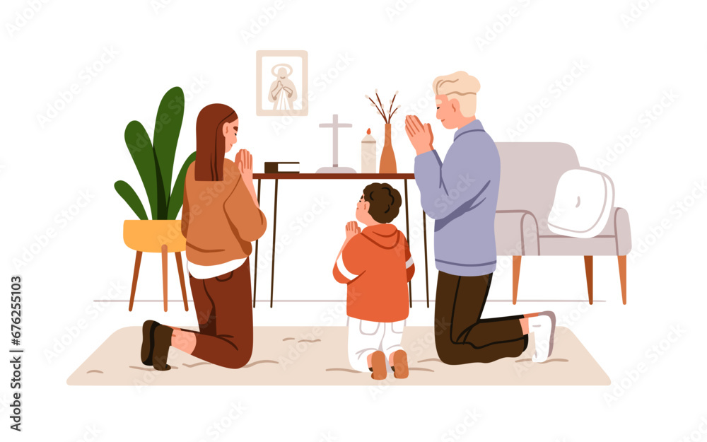 Christian Catholic family praying. Religious parents and kid recite ...