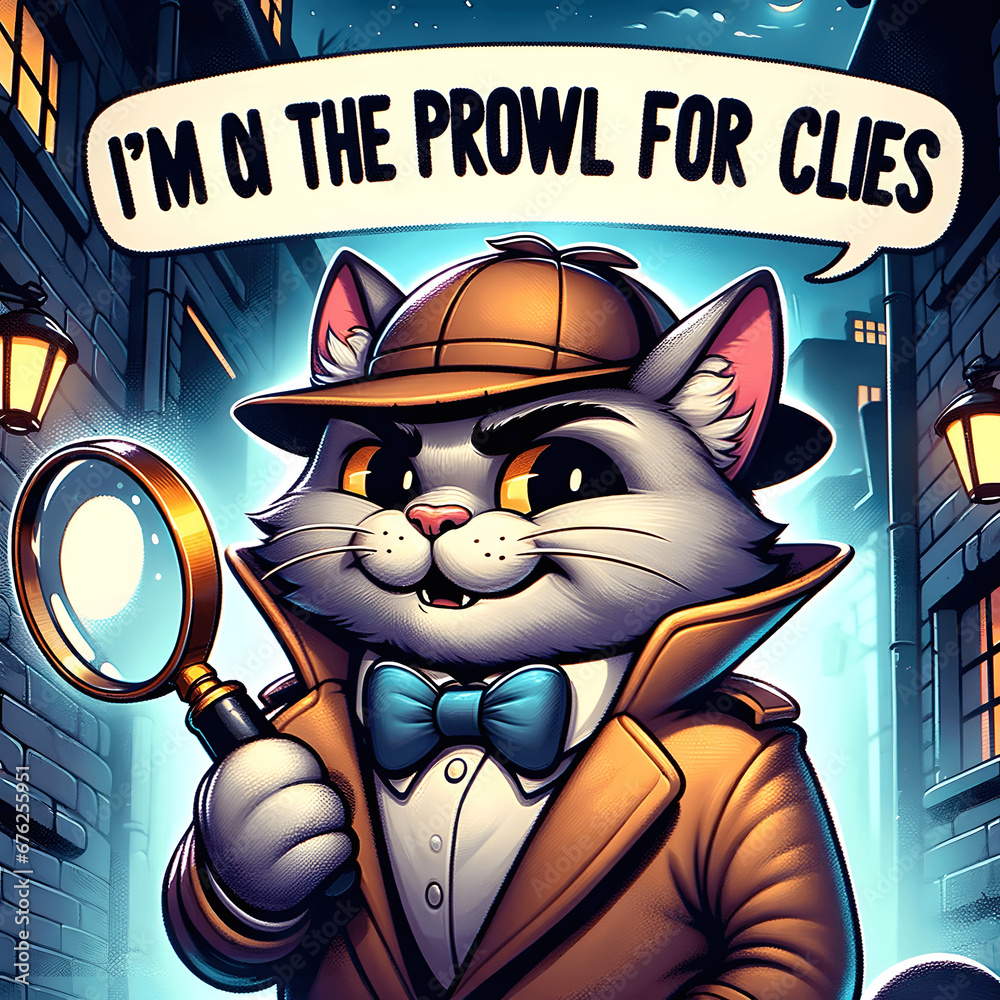 Illustration of a cartoon cat in a detective outfit looking through a ...